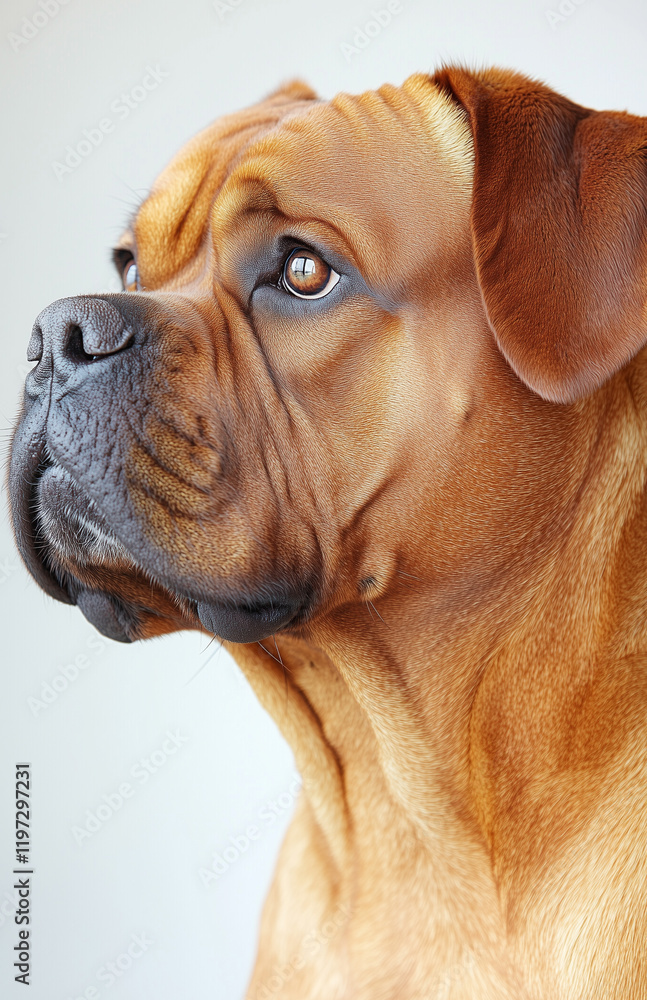 Close up view of a gorgeous and massive Bull mastiff, golden fur ...