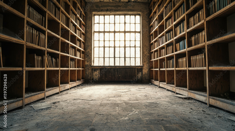 Dusty Old Library in Abandoned Mansion with Tall Windows and Wooden ...