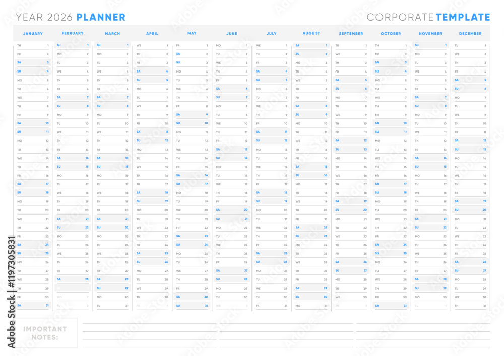 Vector de Stock 2026 Yearly Corporate Planner, Minimal Horizontal ...