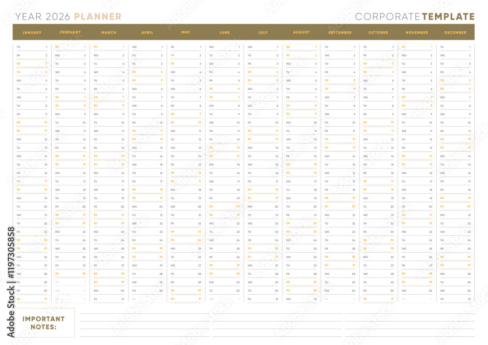 2026 Yearly Planner Template, Elegant Horizontal Design with Notes ...