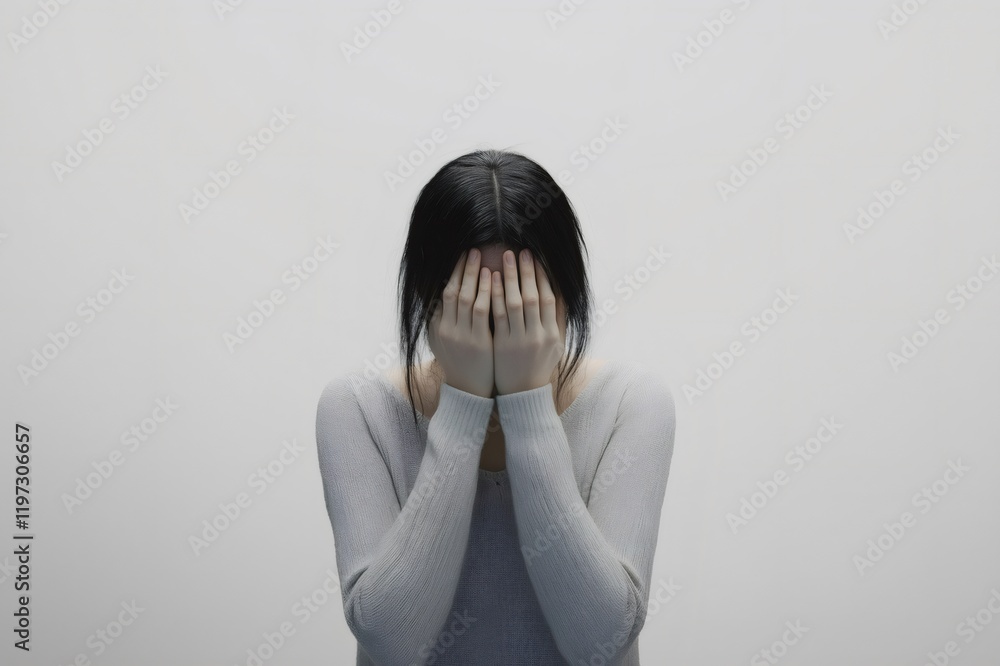 Scared woman hiding her face with hands, conveying deep fear and shame ...