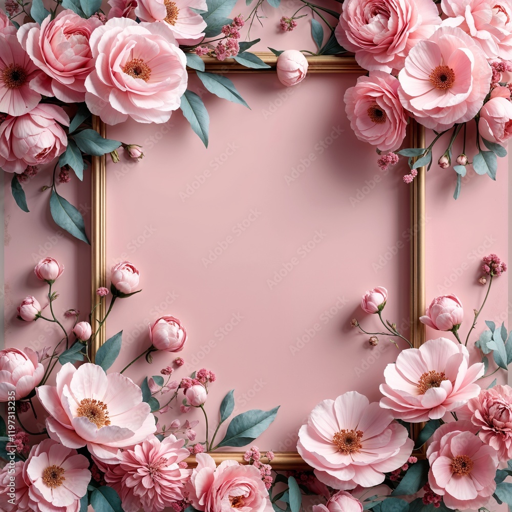 Soft blush pink floral motifs framing the edges for a gentle romantic ...