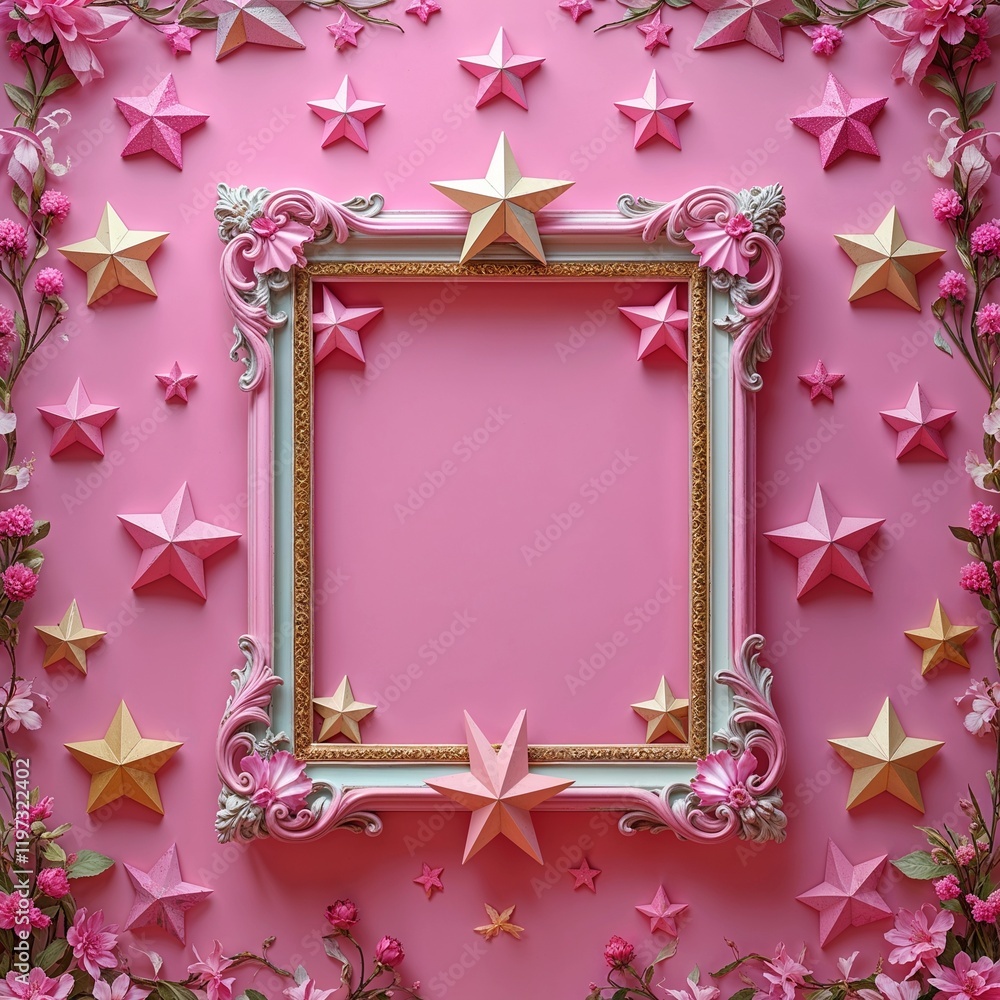 Whimsical pink star frame in pink star border frame pattern background ...