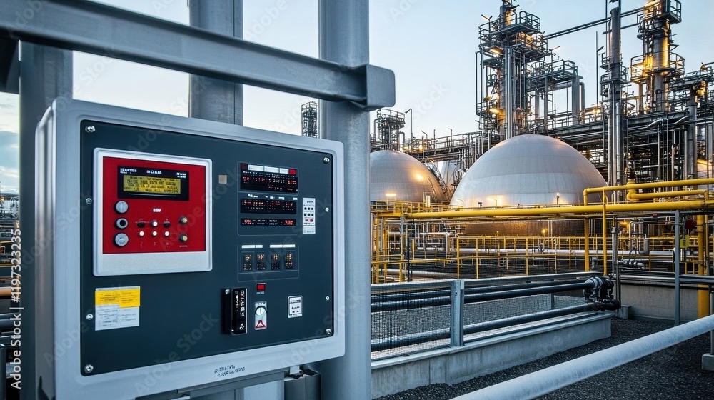 Fire alarm panel mounted near refinery storage tanks, with safety ...
