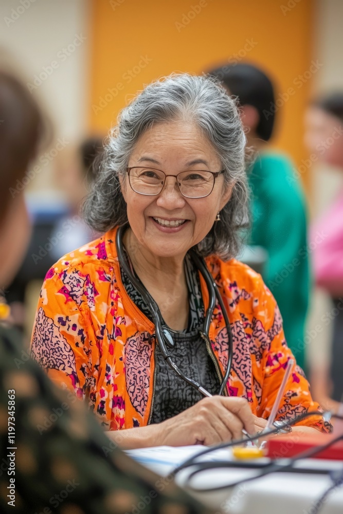 Busy community health fair with volunteers measuring blood pressure and ...