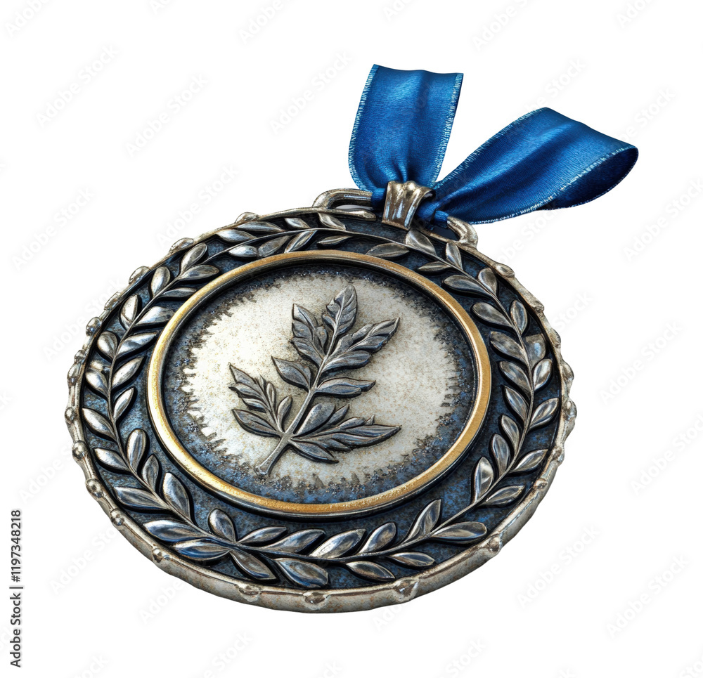 Silver medal with blue ribbon icon on high fidelity graphic design ...