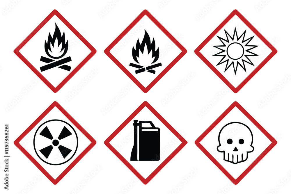 Hazard warning symbols, chemical safety pictograms, red diamond borders ...