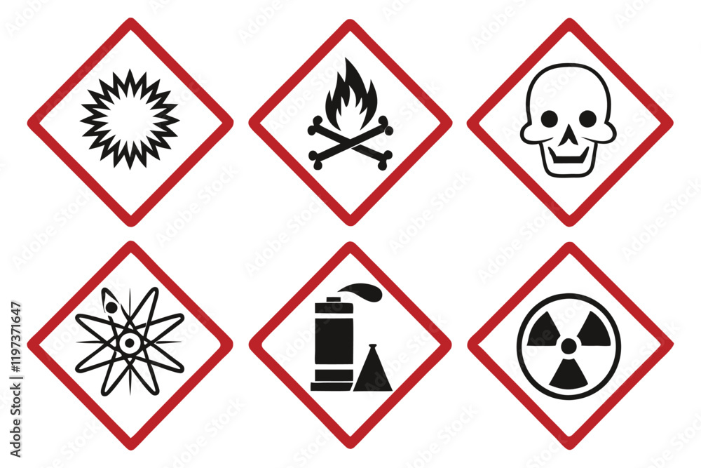 Hazard warning symbols, chemical safety pictograms, red diamond borders ...