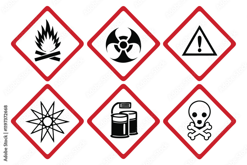 Hazard warning symbols, chemical safety pictograms, red diamond borders ...