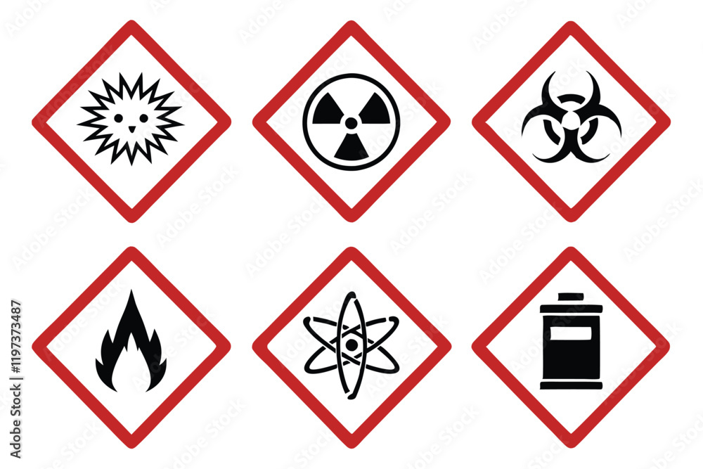 Hazard warning symbols, chemical safety pictograms, red diamond borders ...