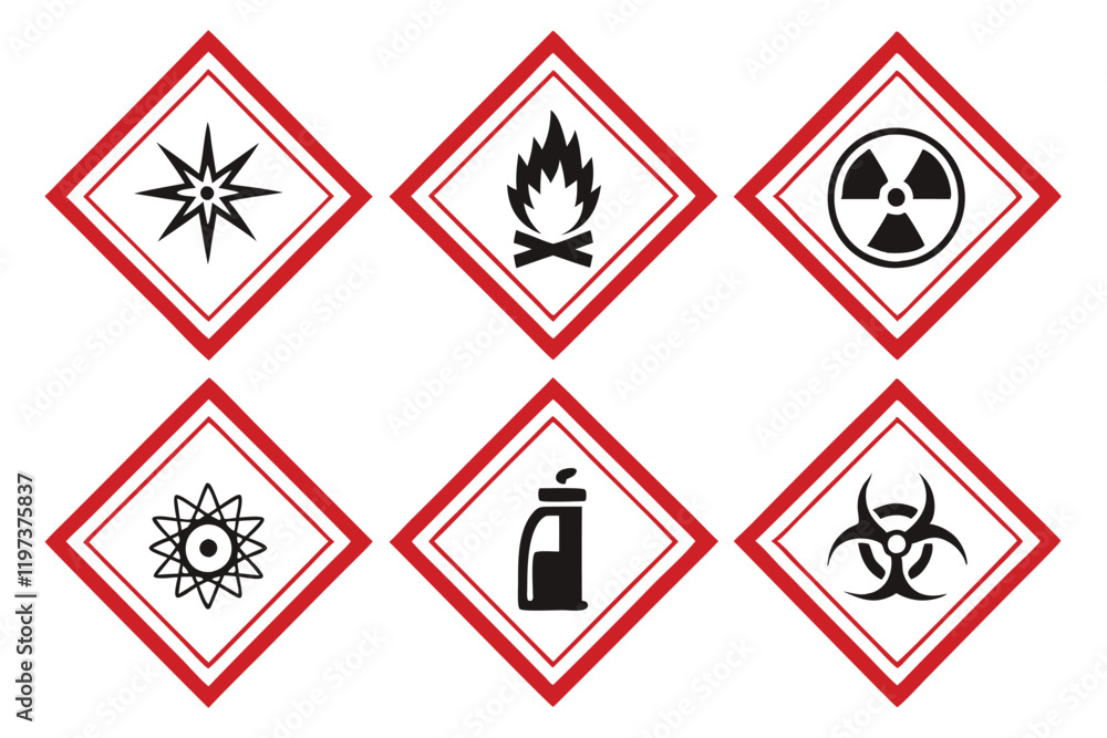 Hazard warning symbols, chemical safety pictograms, red diamond borders, black icons, explosive ...