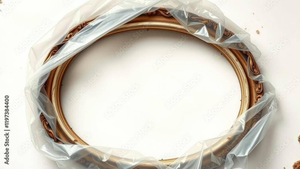 Aged plastic film wraps around curved edges of a vintage frame, saran ...