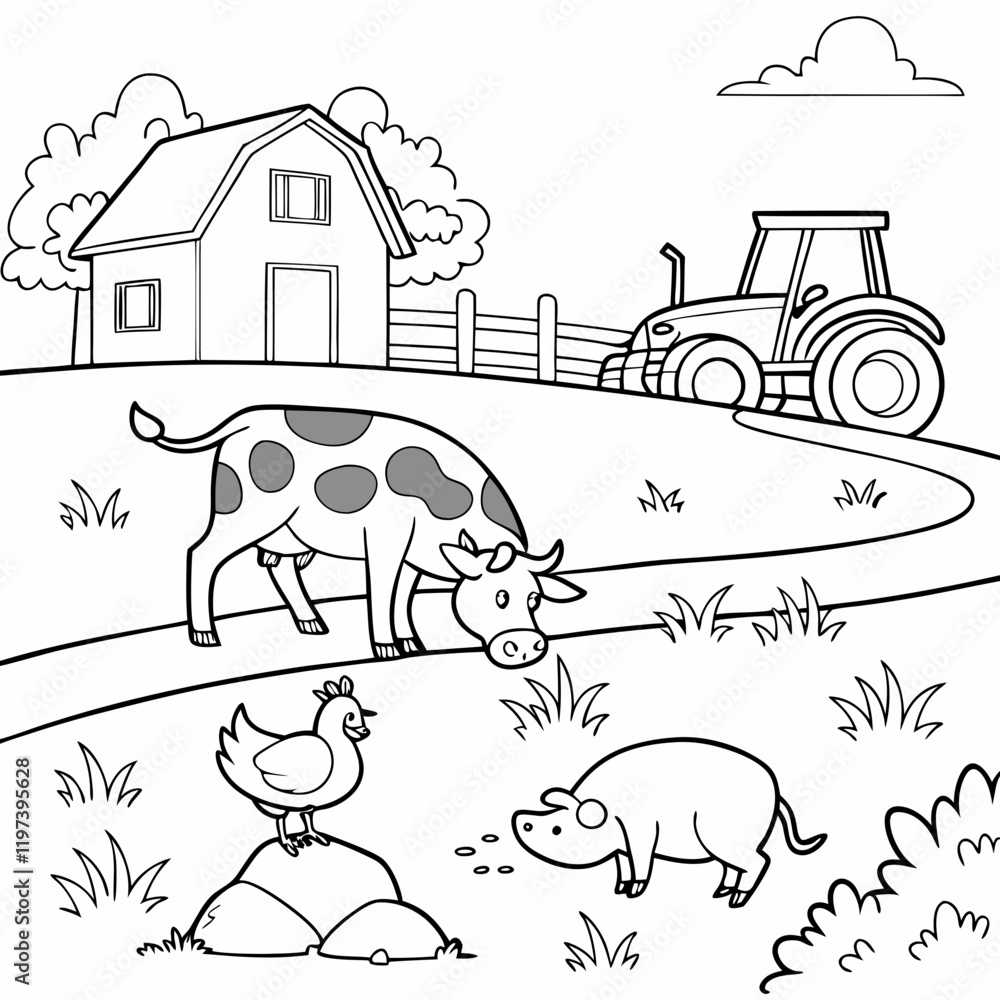 farm in the countryside coloring page for children, outline, education ...