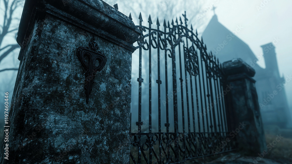 Grand Abandoned Mansion Shrouded in Heavy Mist with Intricate Iron Gate ...