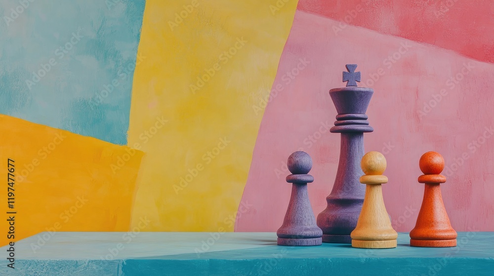 Chess pieces on a colorful background with geometric shapes featuring a ...