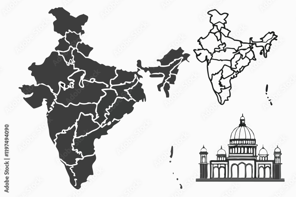 Map of India, multiple variations, grayscale, black and white, outline ...