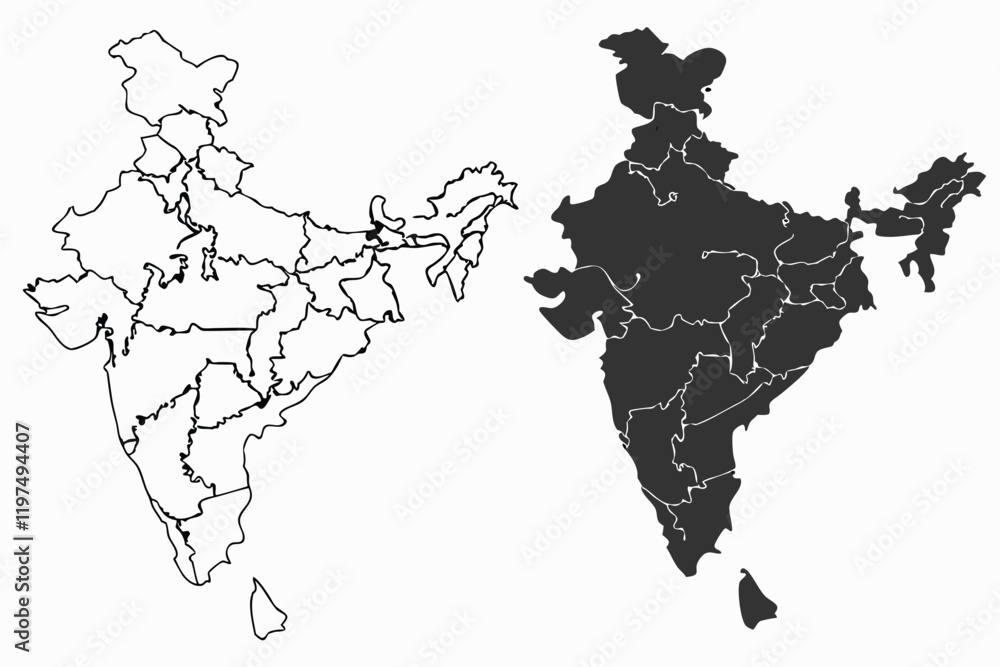 Map of India, multiple variations, grayscale, black and white, outline ...