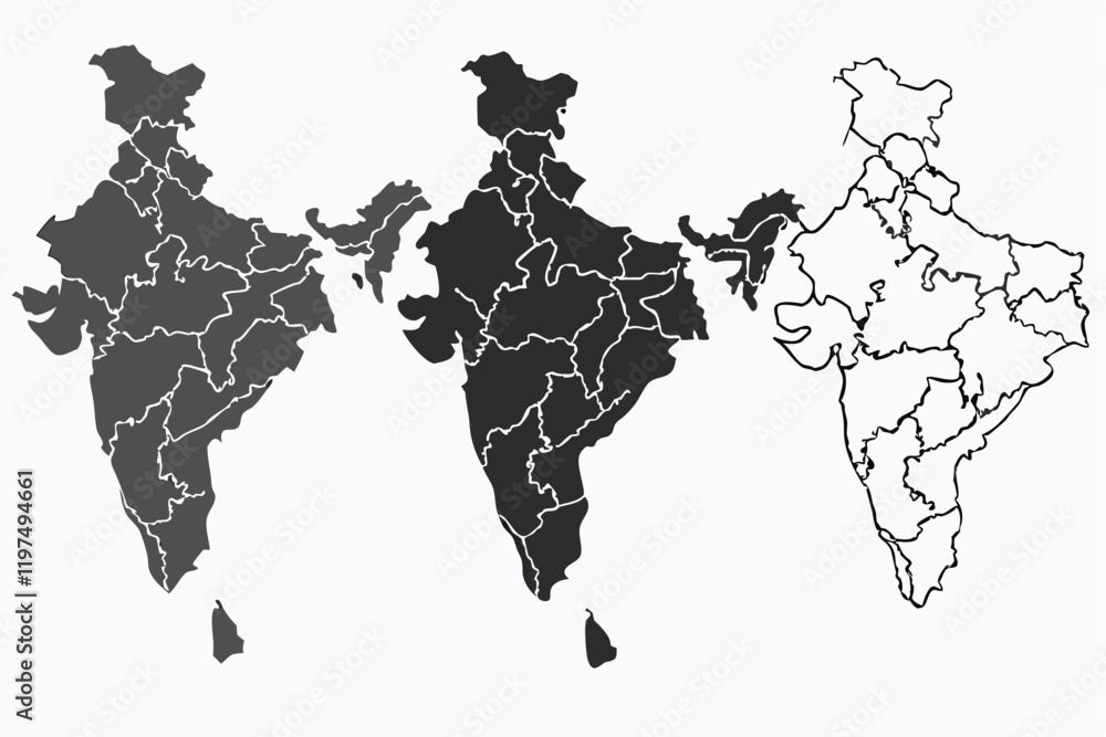 Map of India, multiple variations, grayscale, black and white, outline ...