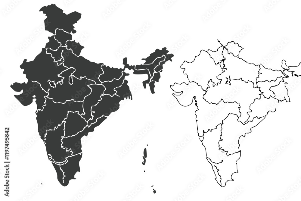 Map of India, multiple variations, grayscale, black and white, outline ...