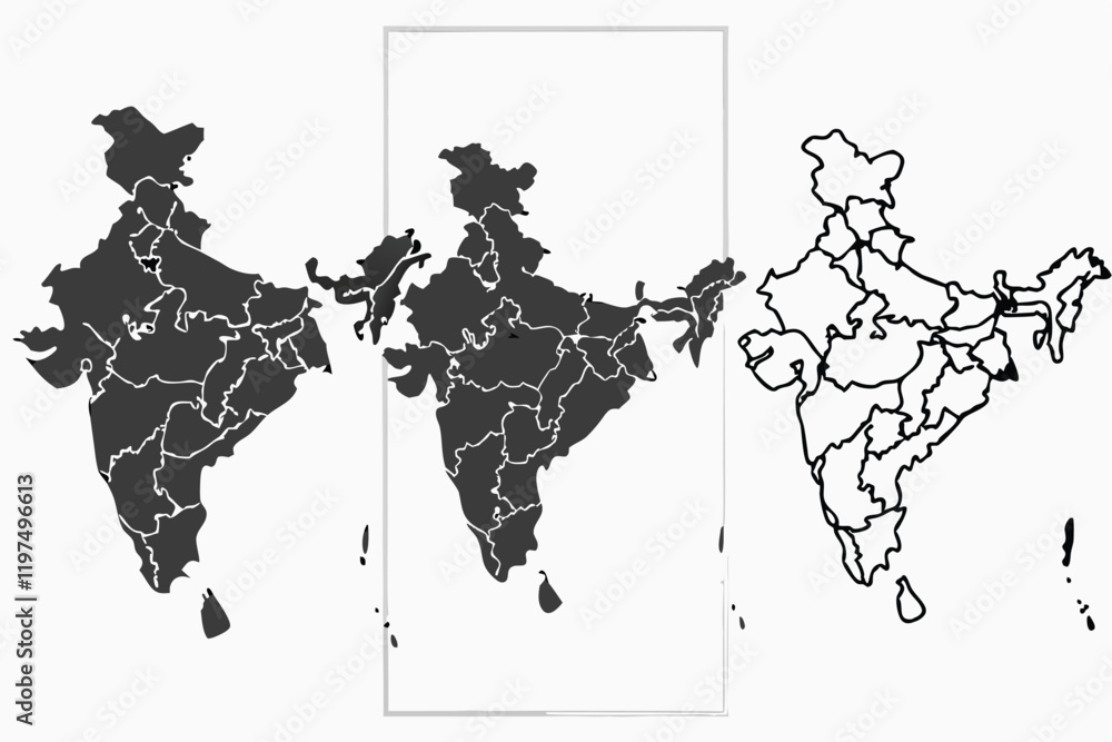 Map of India, multiple variations, grayscale, black and white, outline ...