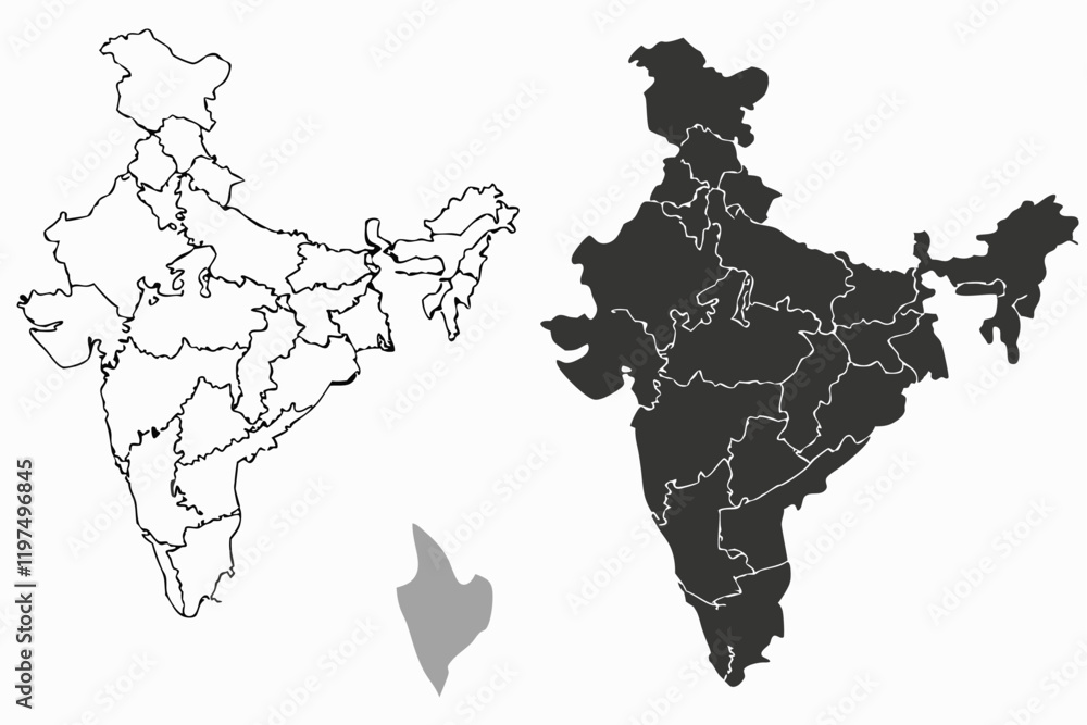 Map of India, multiple variations, grayscale, black and white, outline ...