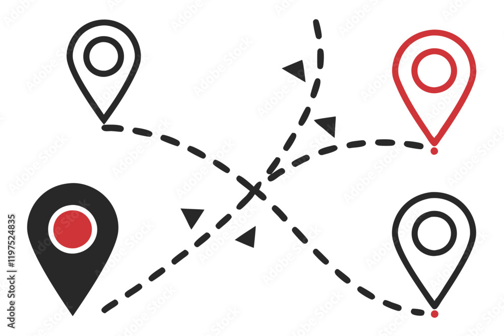 minimalist design, map location pins, black and red icons, white ...