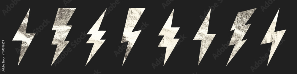Silver lightning bolt icons collection. Gold foil texture. Flash symbol ...