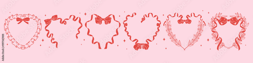 Elegance Victorian Red Heart Frames Drawings with bow and ribbons in ...