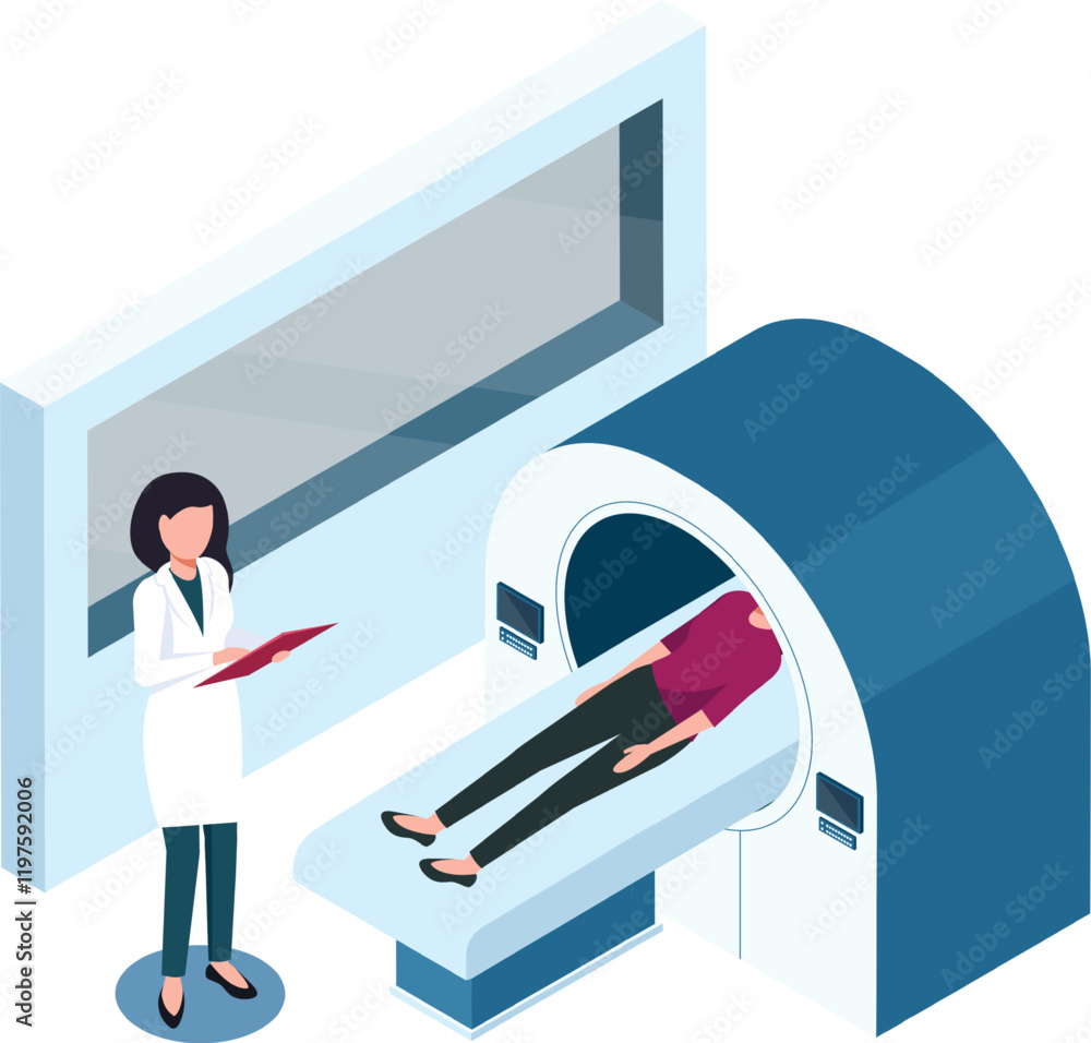 Doctor holding clipboard and supervising magnetic resonance imaging procedure on female patient ...