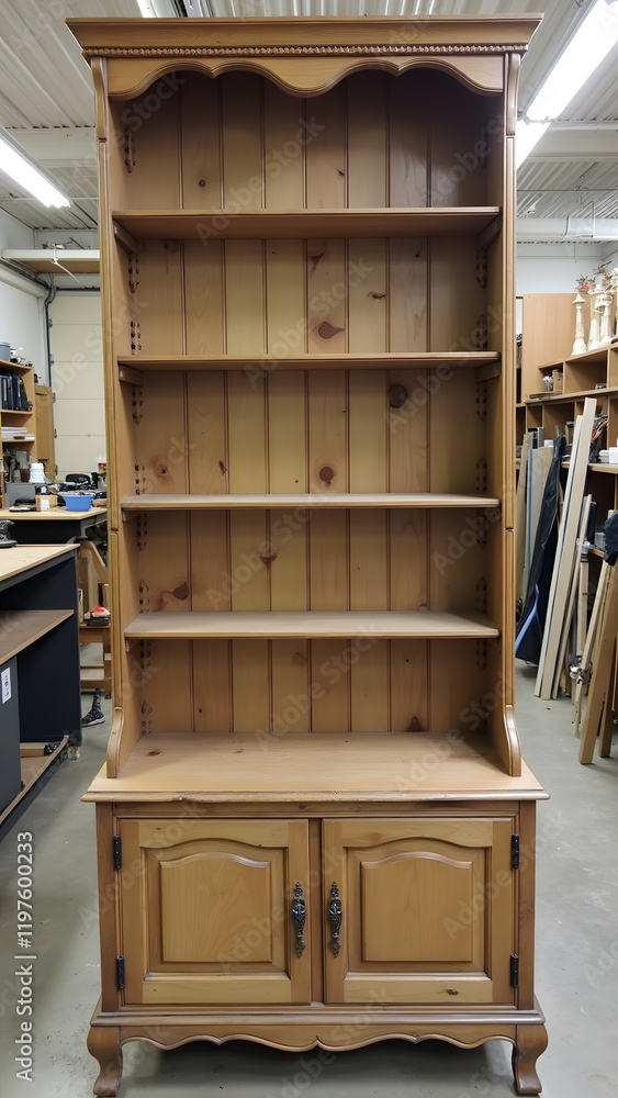 A tall wooden bookshelf with multiple shelves and a cabinet at the ...