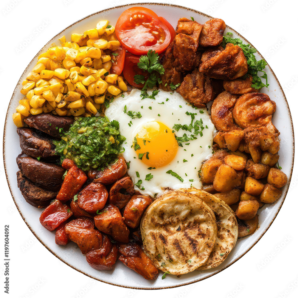 Bandeja paisa on a round plate against a clean transparent background ...