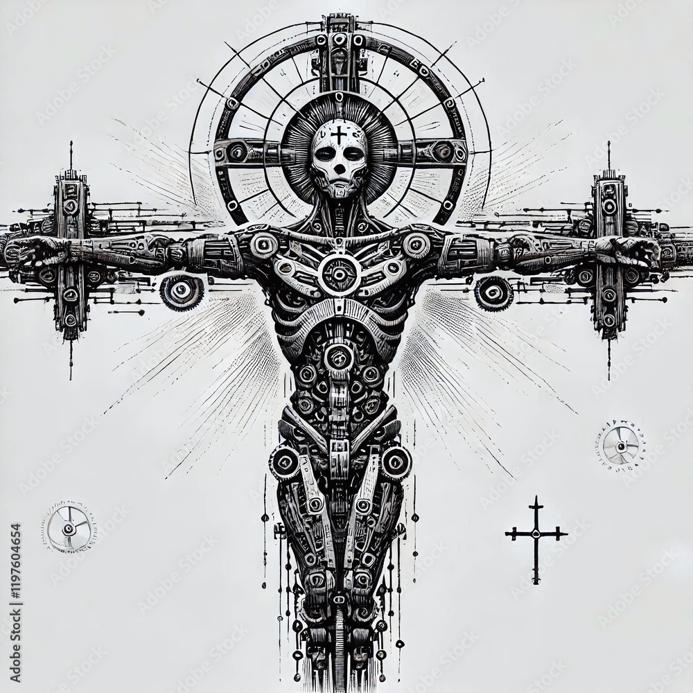 Robotic figure on a cross, blending religious symbolism with futuristic ...