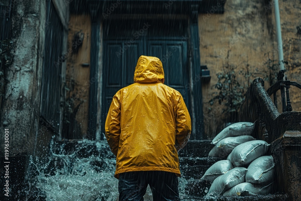 Rain-soaked streets with a person in a yellow raincoat contemplating ...