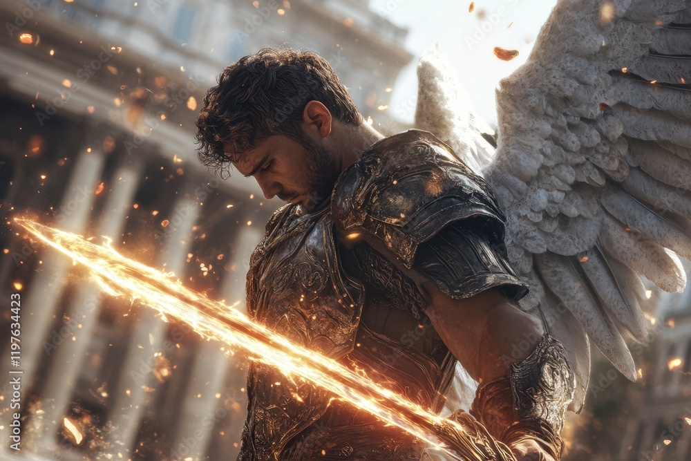 Warrior with angelic wings battles darkness in a mythical realm ...