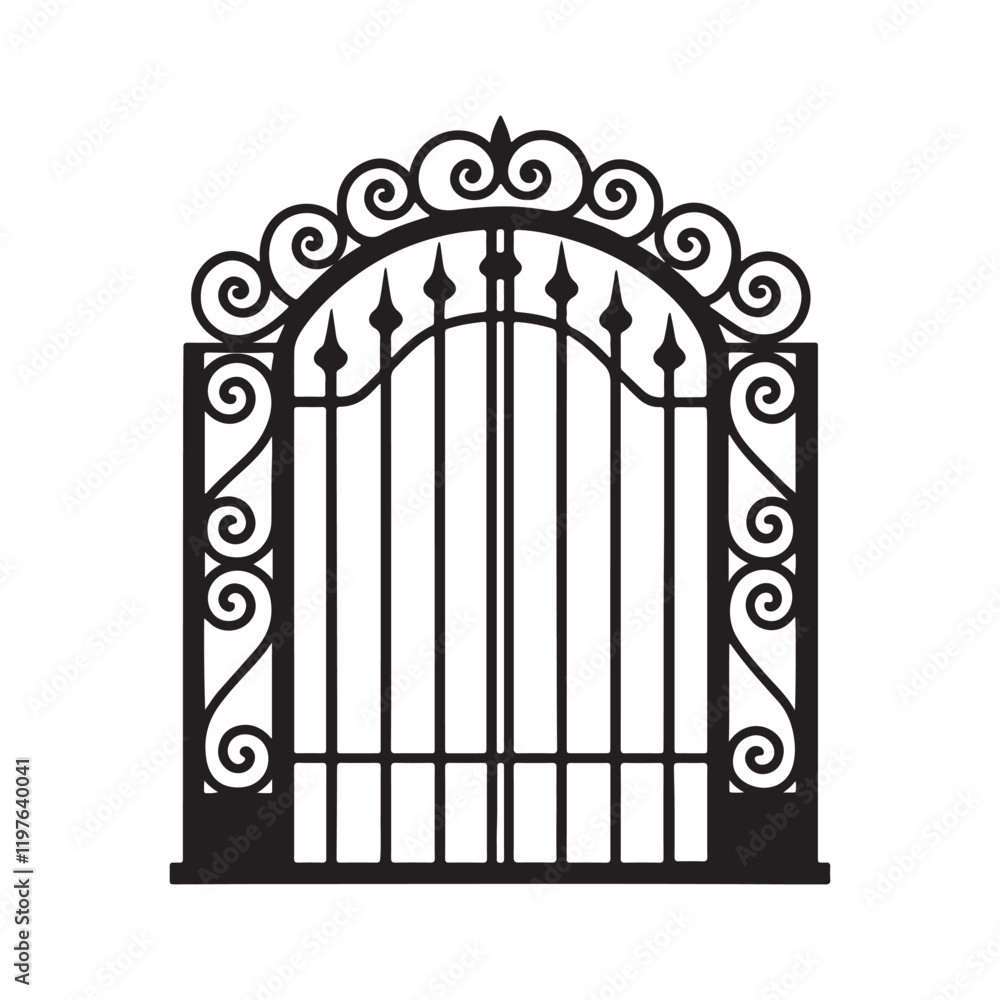 wrought iron gate silhouette, black and white silhouette, vector and ...