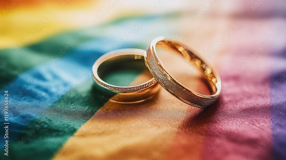 Golden wedding rings on a neatly folded rainbow flag, highlighting ...