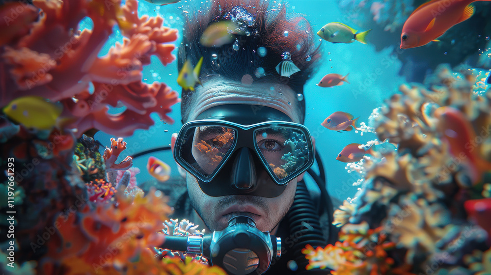 Diver using scuba goggles, exploring a vibrant coral reef, surrounded ...