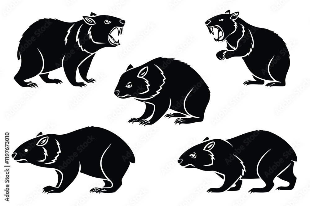angry wombat vector bundle, silhouette clipart, black and white ...