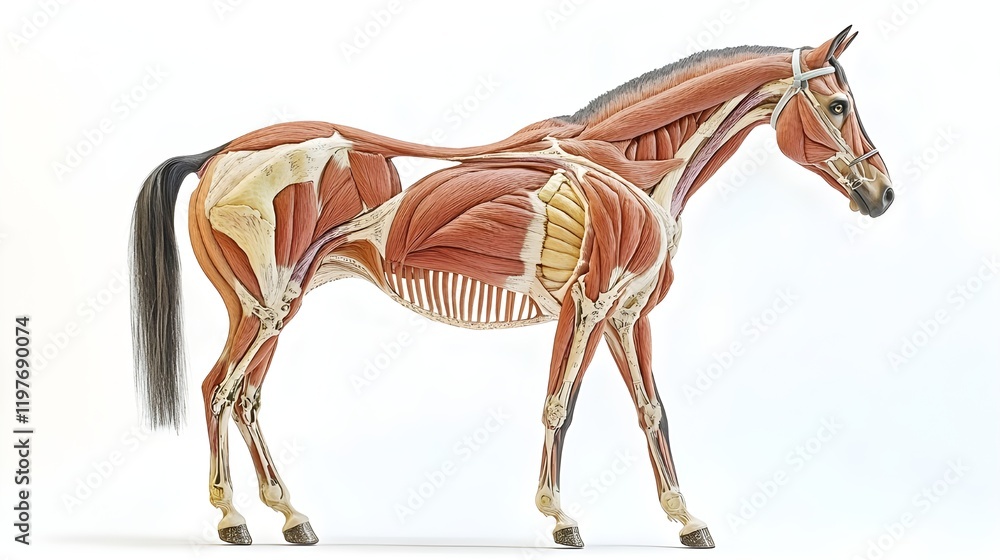 anatomical horse illustration, cross-section, muscle structure ...