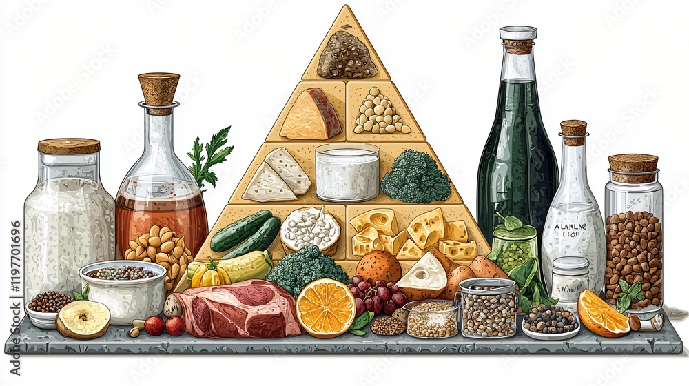 Healthy food pyramid illustration showing various food groups. Stock ...