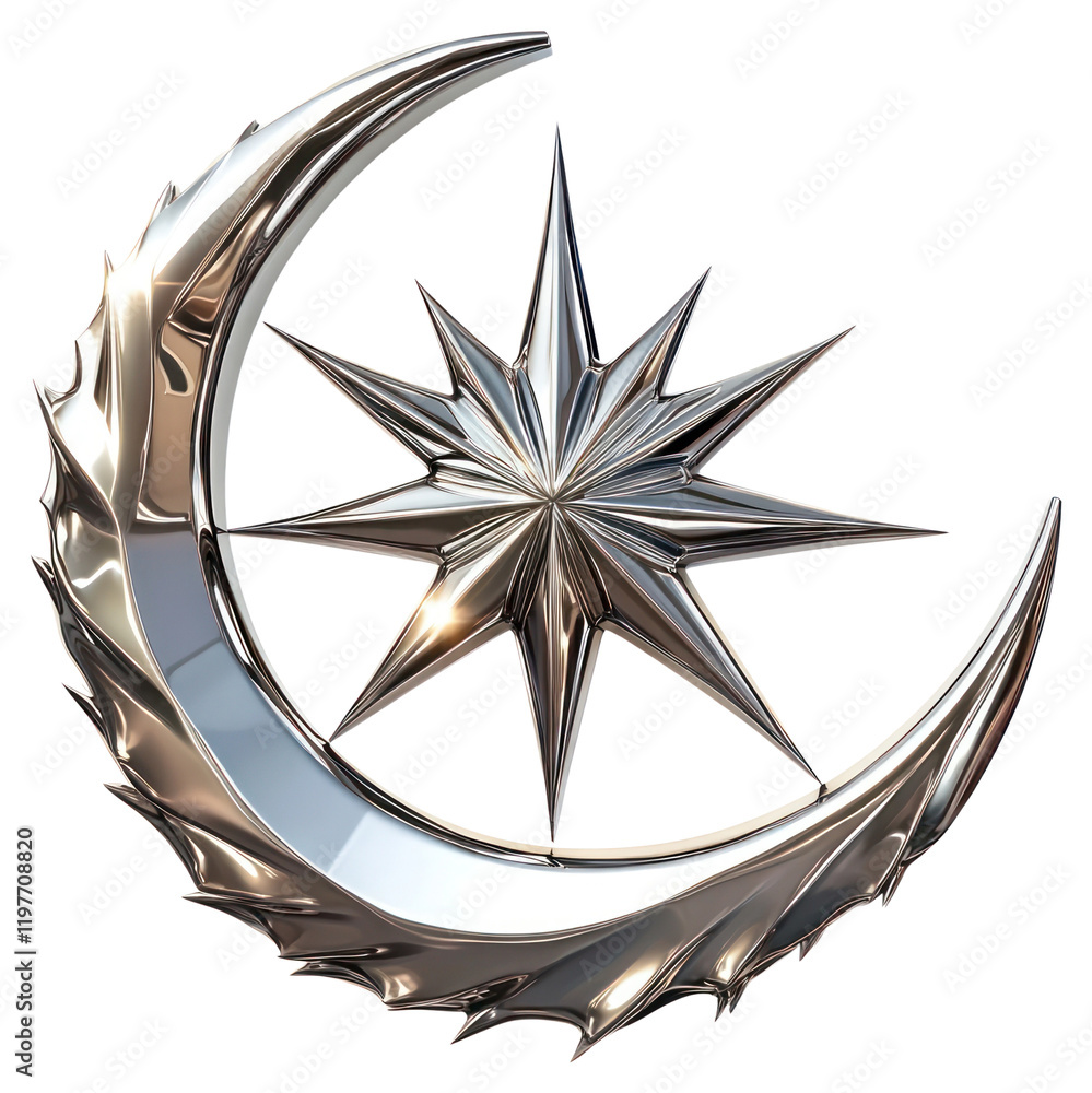 PNG Chrome crescent moon paired with a sharp-edged starburst ...