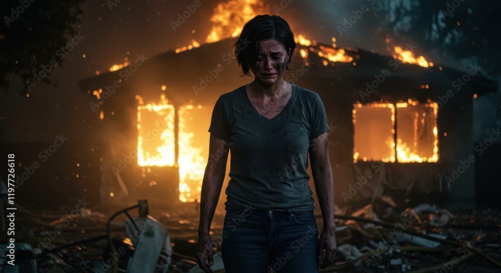 Fire: a tragedy in faces. A saddened woman stands in front of his ...