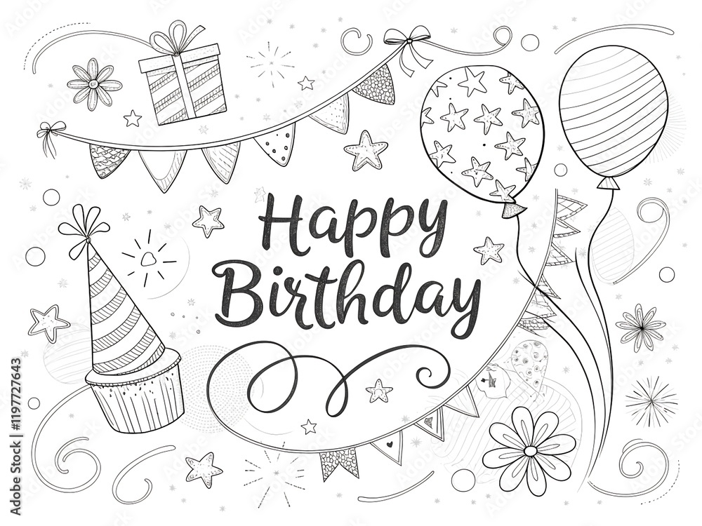 Happy Birthday letter Coloring Page with Balloons and Party Decorations ...