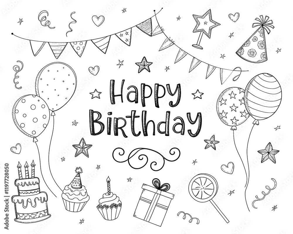 Happy Birthday letter Coloring Page with Balloons and Party Decorations ...