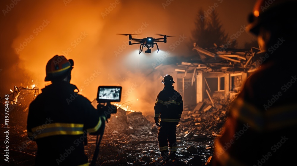 Firefighters using a drone with a spotlight to monitor burning building ...
