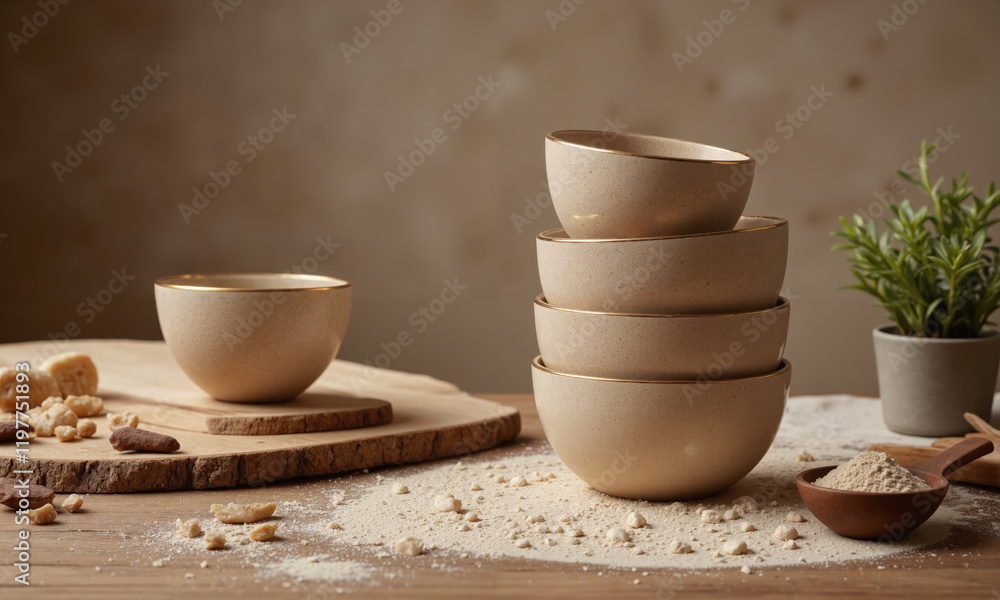 A modern set of stackable ceramic mixing bowls in various mocha mousse ...