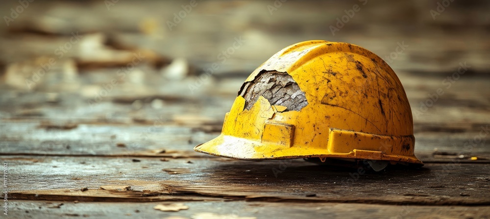 Damaged Hard Hat on Weathered Wooden Planks Symbol of Workplace Safety ...