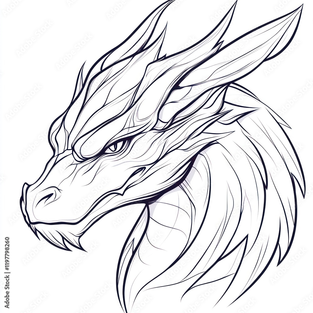 Dragon head sketch drawing, detailed lines, on white, for fantasy ...