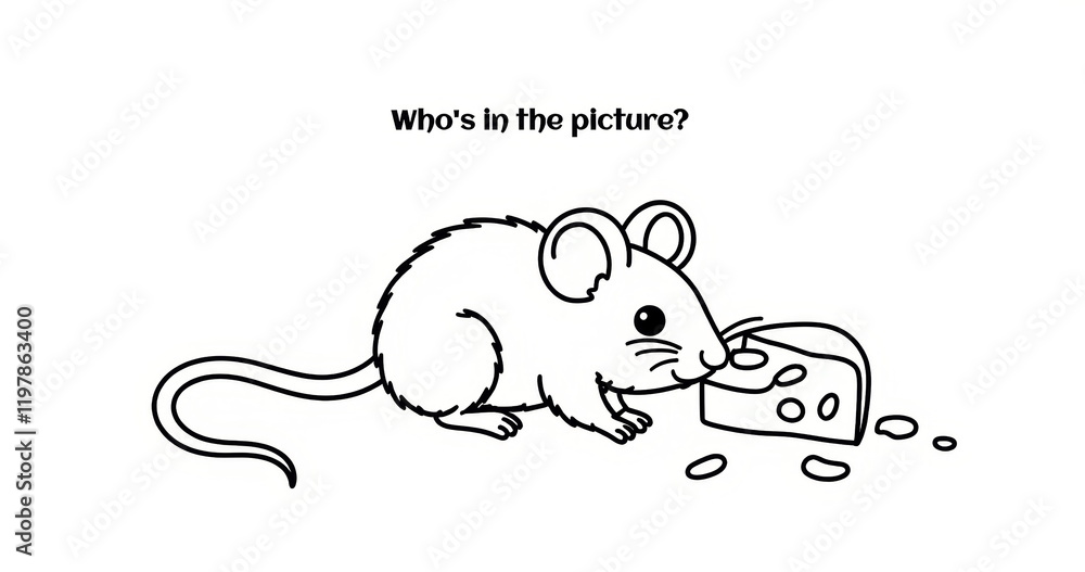 Cartoon mouse nibbling cheese slice on white background. Coloring Page ...