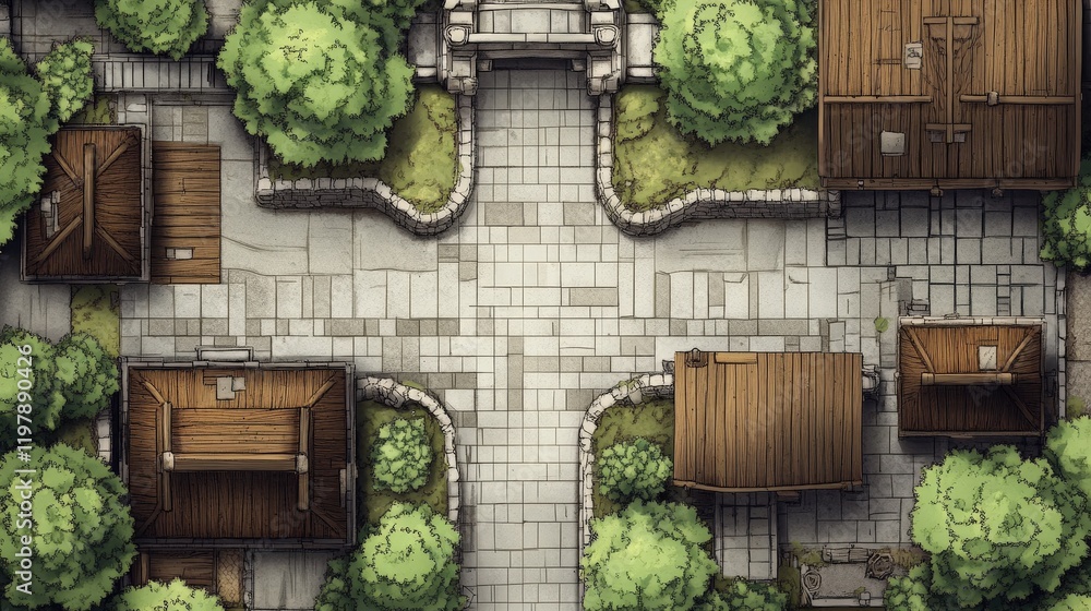 Immersive top-down city battle map for RPG fantasy settings. Stock ...